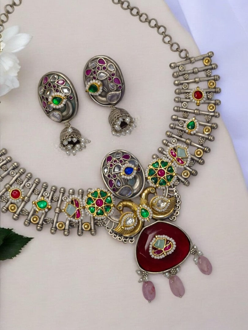 RUBY PEACOCK TAHEENA GERMAN SILVER JEWELLERY SET – TATVIKA